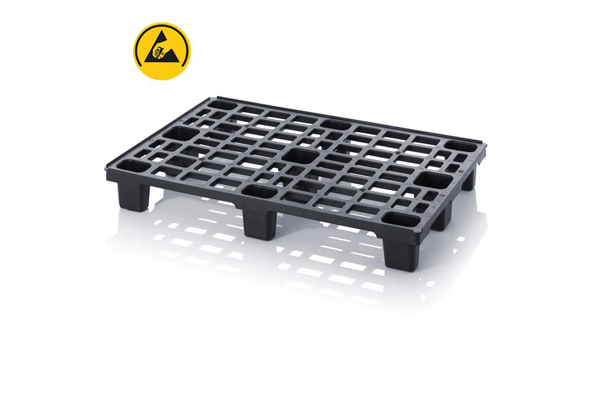 ESD lehká plastová paleta 1200 x 800 mm, černá, na nohách - EMPORO